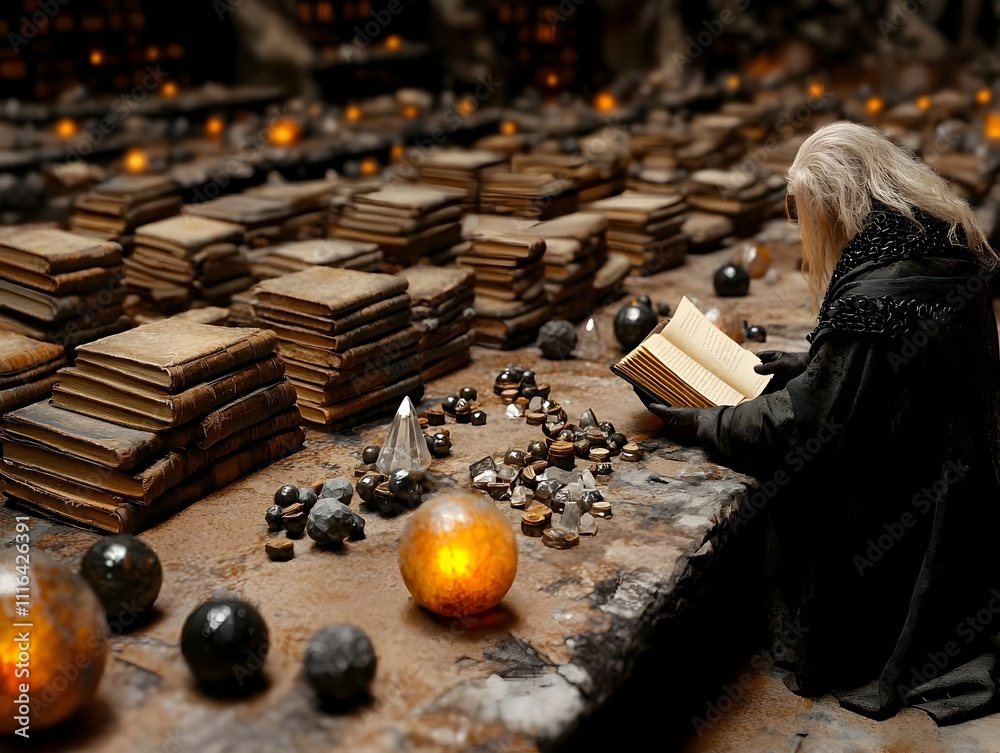 Towering ancient library with vaulted ceilings rows of dusty arcane ...