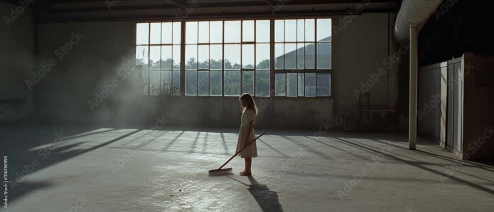 A girl sweeps the floor in a sunlit, dusty warehouse, her silhouette ...