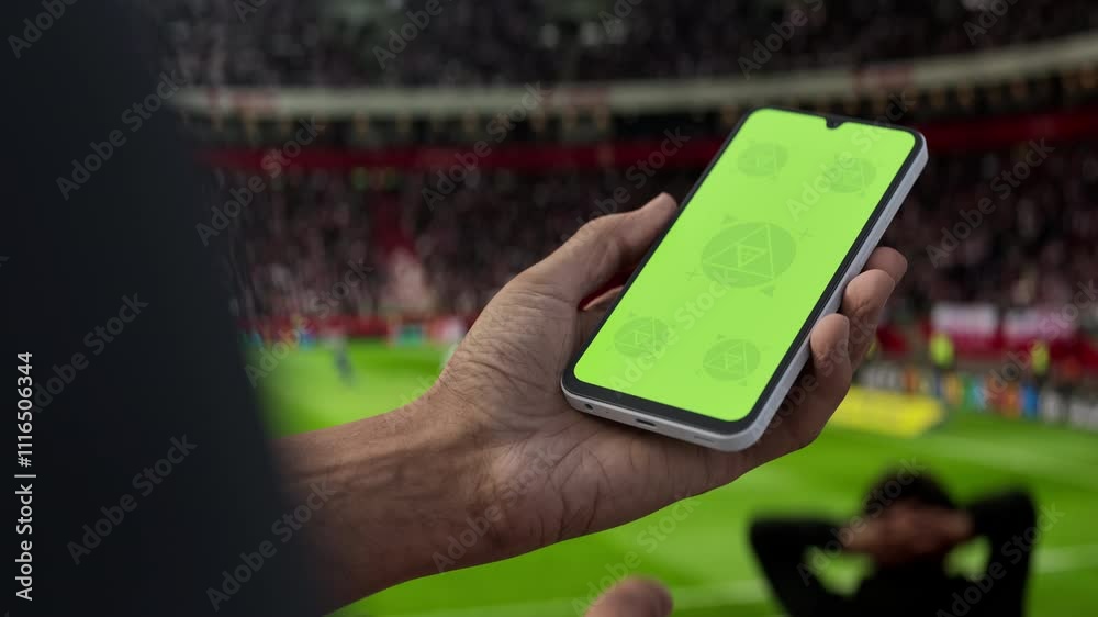 GREEN SCREEN CHROMA KEY A hand holding a phone with a green screen at a ...