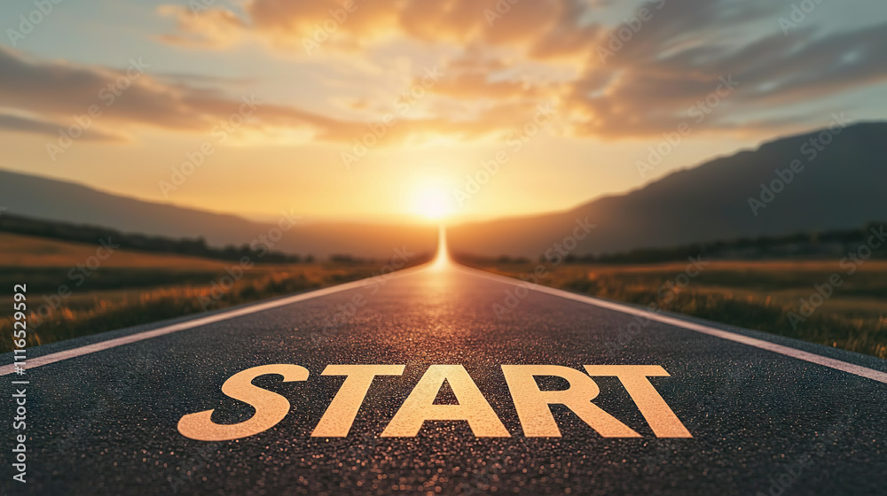road leading to bright sunrise with word START written on pavement ...