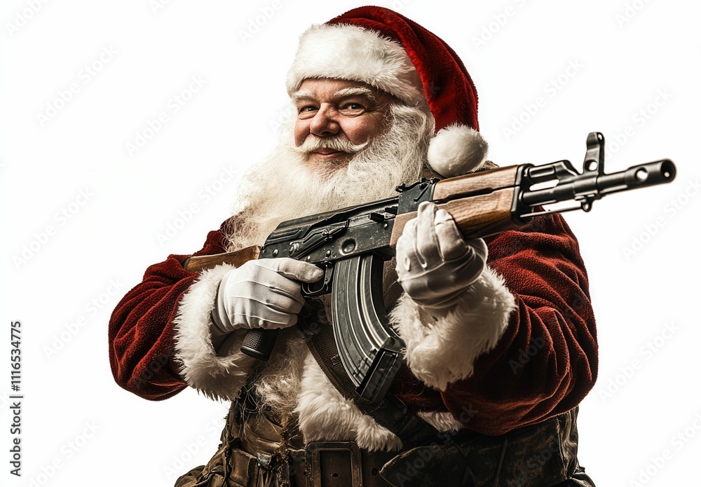 On a white background, Santa Claus is depicted holding a submachine gun ...