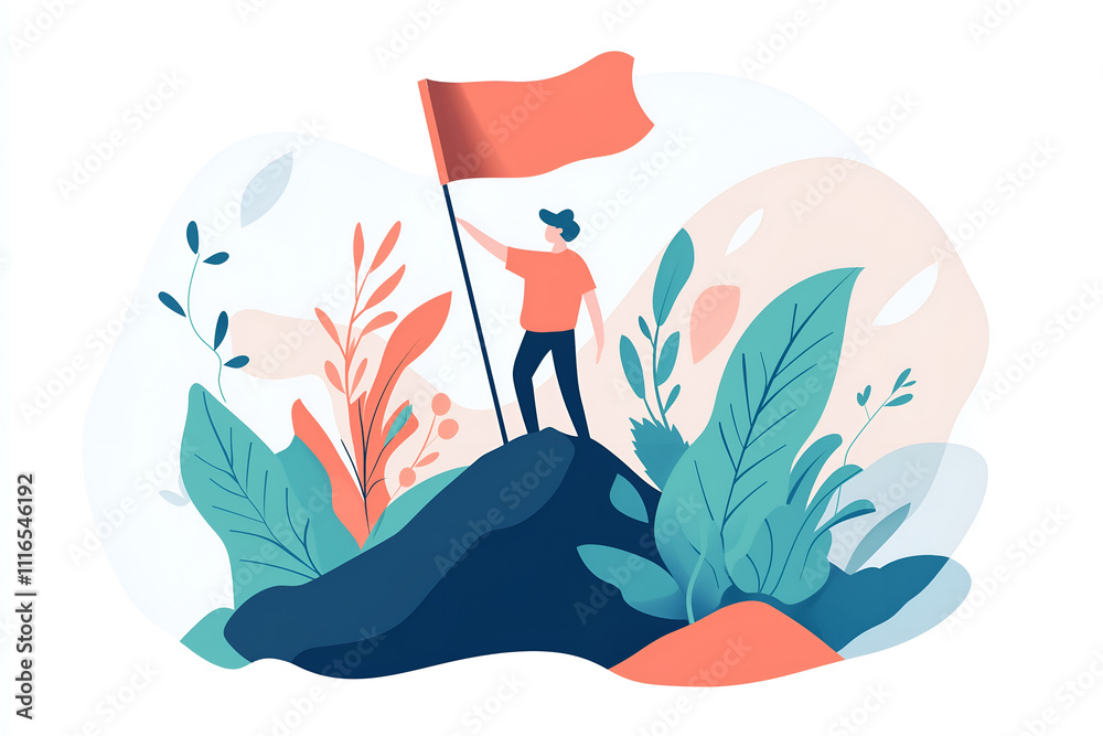 Person reaching a flag on top of a mountain or completing a checklist ...