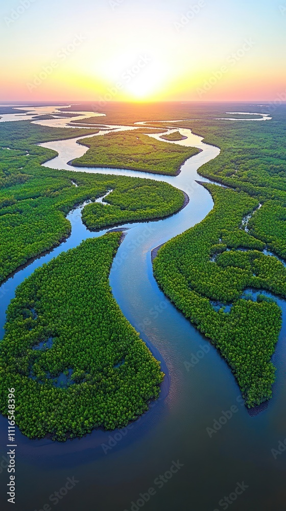 Sunlight reflects on winding water pathways in a lush delta at sunset ...