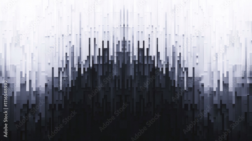 Abstract black and white digital art with vertical lines and pixelated texture creating a ...