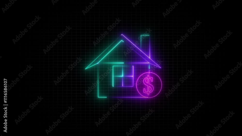 Financial data displaying .Glowing neon light Banking building icon ...