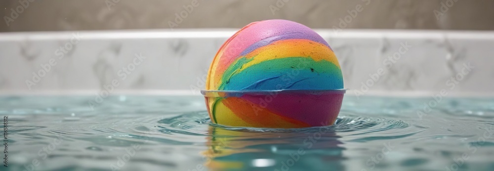 Rainbow-colored bath bomb floating on top of clear water in a bathtub ...