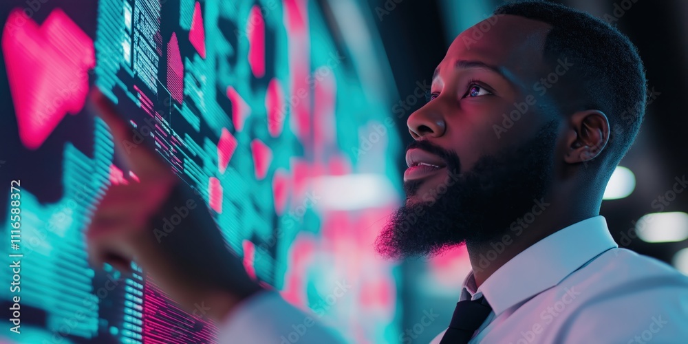 A medium shot of a focused data analyst pointing to a vibrant backdrop ...