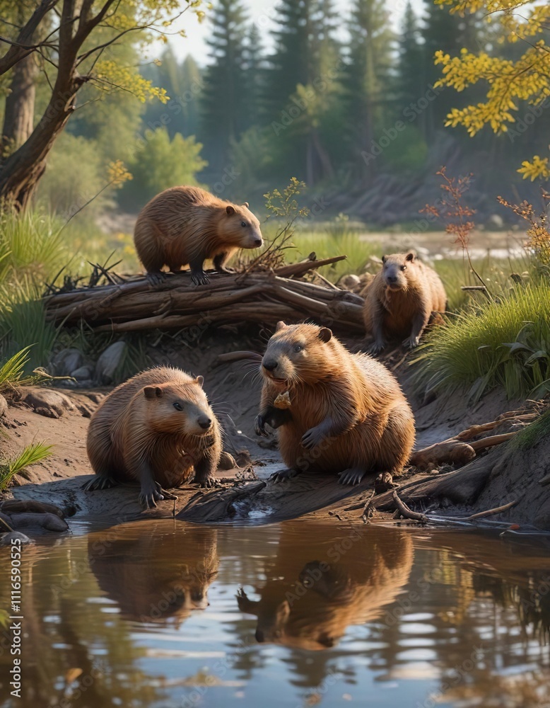 Beavers working together to repair their dam with branches and mud near ...