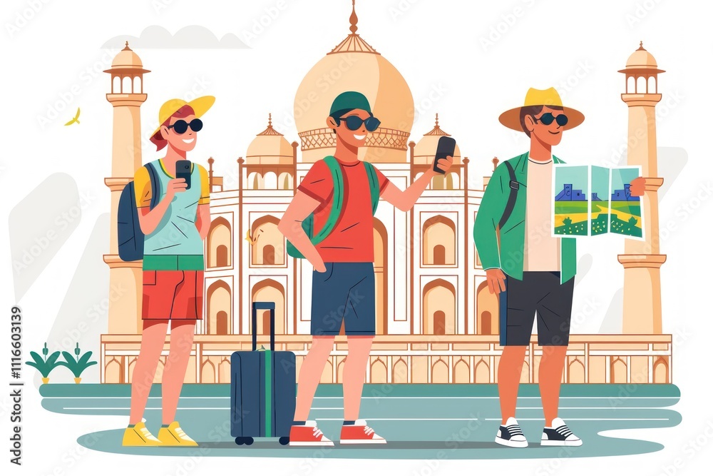 Three tourists sightseeing the Taj Mahal, using phones and a map. Stock ...