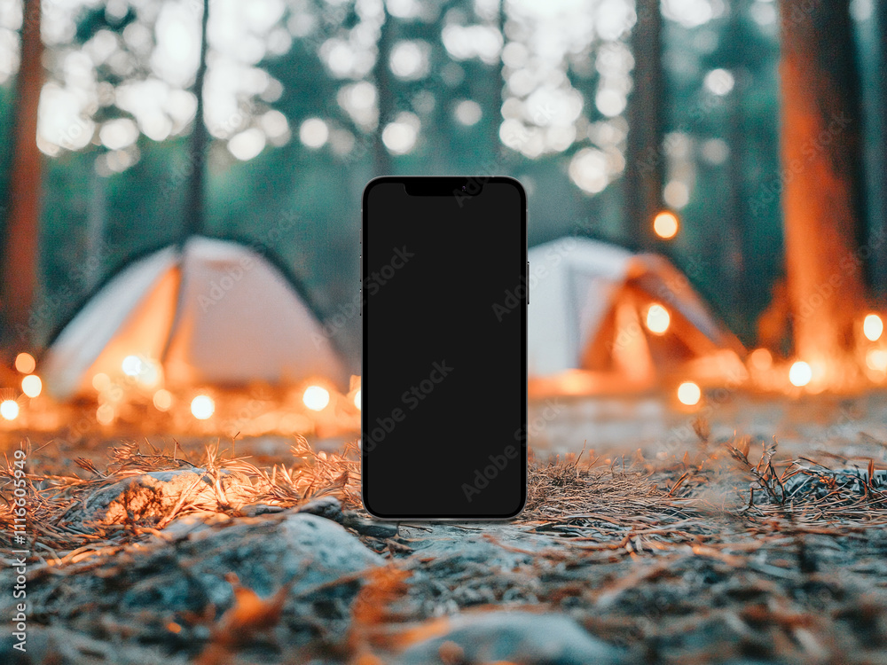 Outdoor Smartphone Mockup in a Forest Setting with Glowing Tents and ...