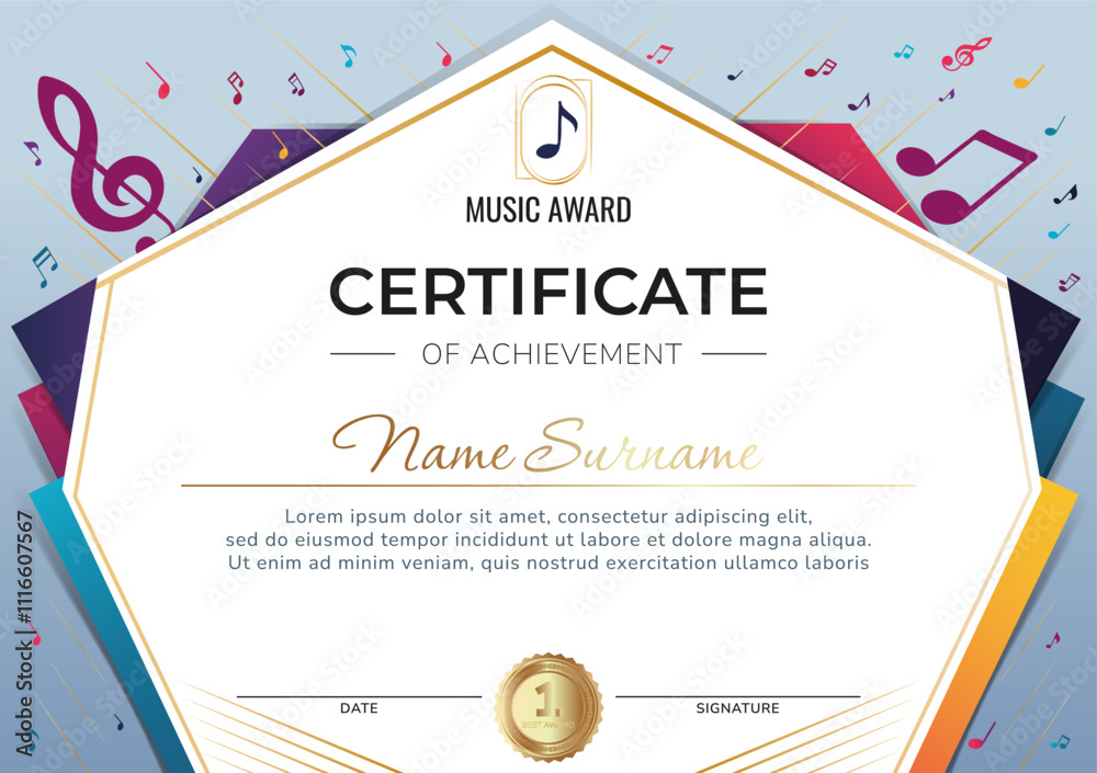 Music award template with notes and clef. Horizontal diploma template ...