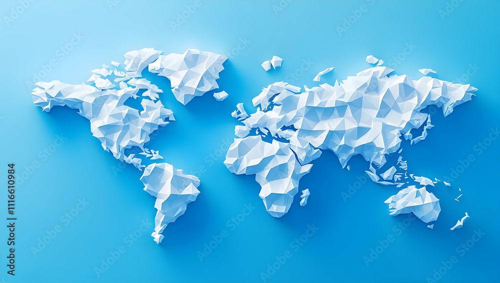 3D world map on a blue background, with a simple white outline shape of ...