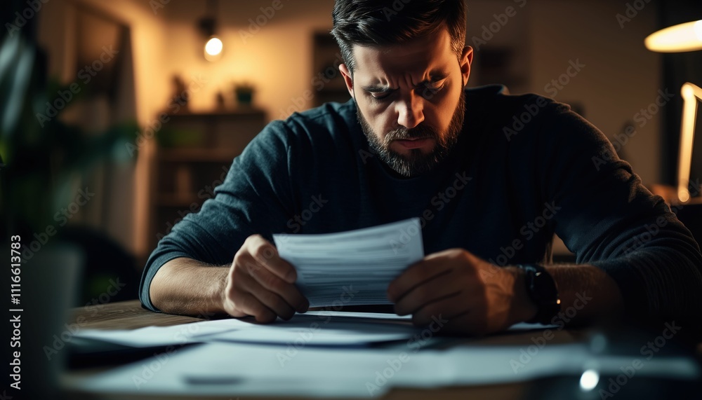 Frustrated man filling out complex tax form at desk, showing confusion ...