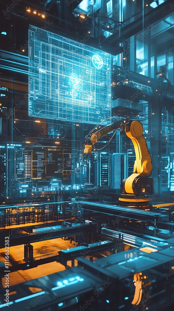 Future of Smart Manufacturing, large digital display over a cutting ...