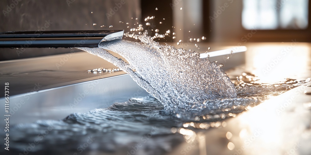 High-angle view of a water splash cascading from a sleek metallic spout ...