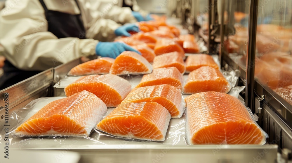 clean and efficient food processing plant where fresh salmon fillets ...