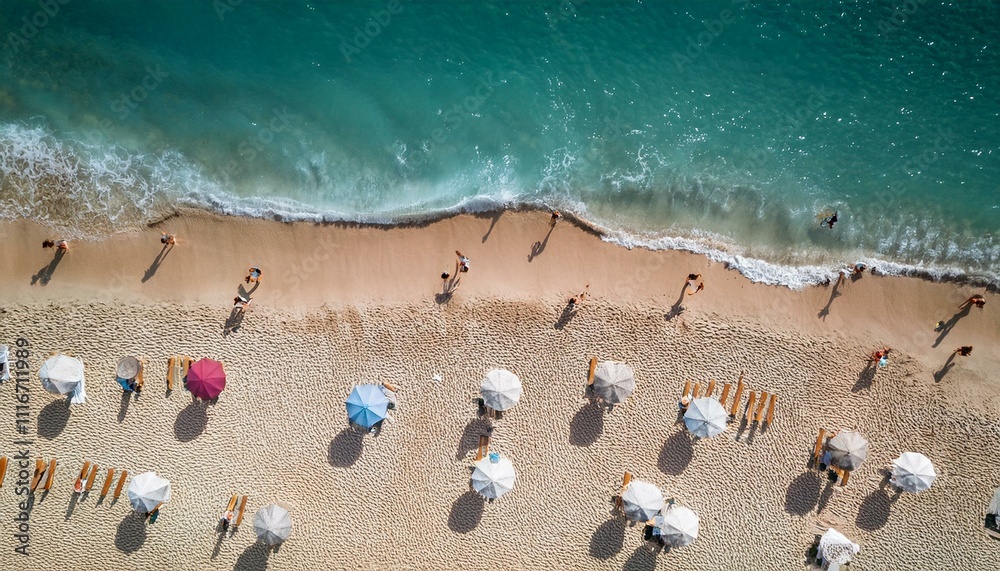 Top angle view of the beach and the ocean with beach goers; a view from ...