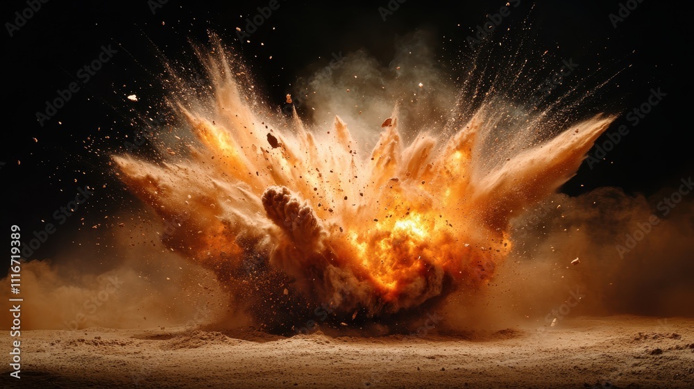 An intense explosion captured mid-burst, with dynamic fiery clouds and ...