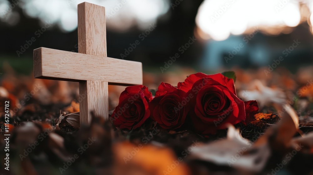 An artistic depiction of three vivid red roses juxtaposed with a wooden ...