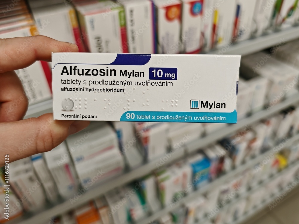 Prague,Czech Republic-October 9 2024: Alfuzosin by MYLAN is an alpha ...