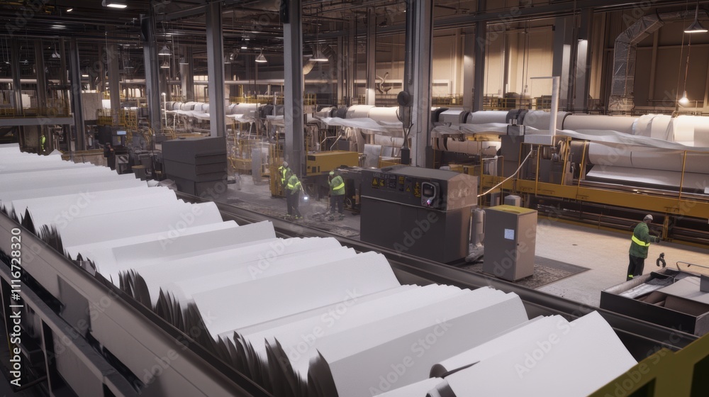 Industrial paper recycling plant processing used paper into new sheets ...