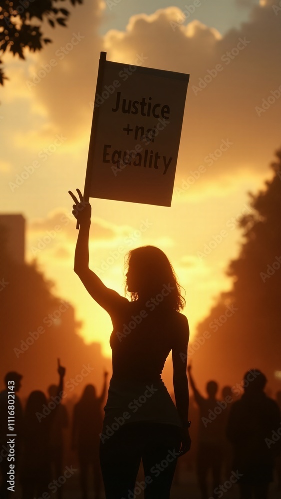 “Silhouette of a person holding a peace sign and protest banner during ...
