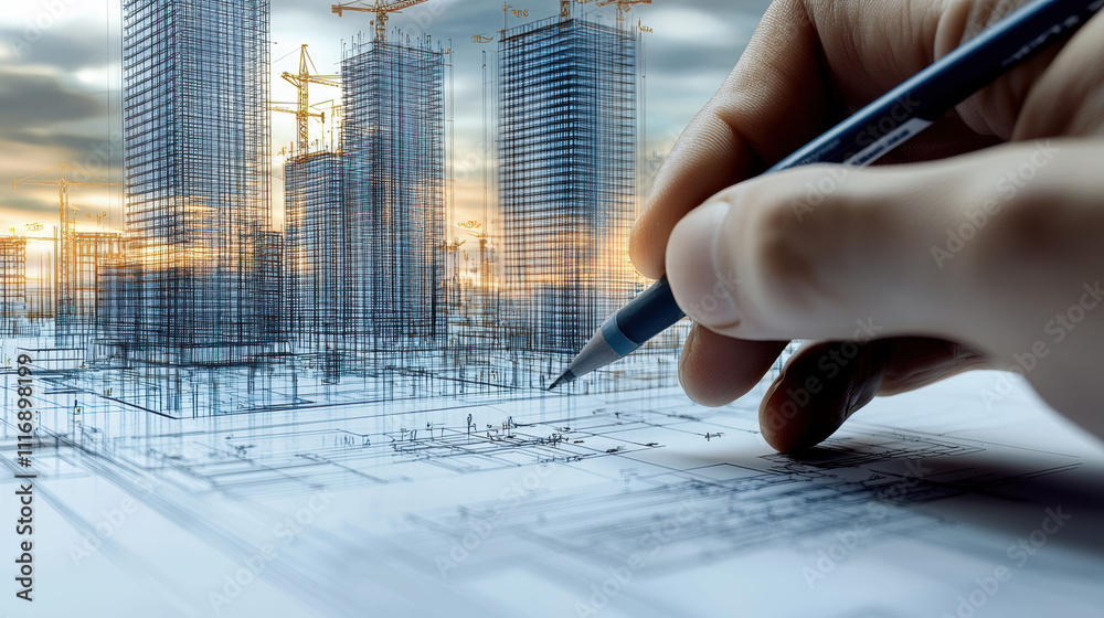 A detailed architectural sketch portrays towering skyscrapers, with a ...