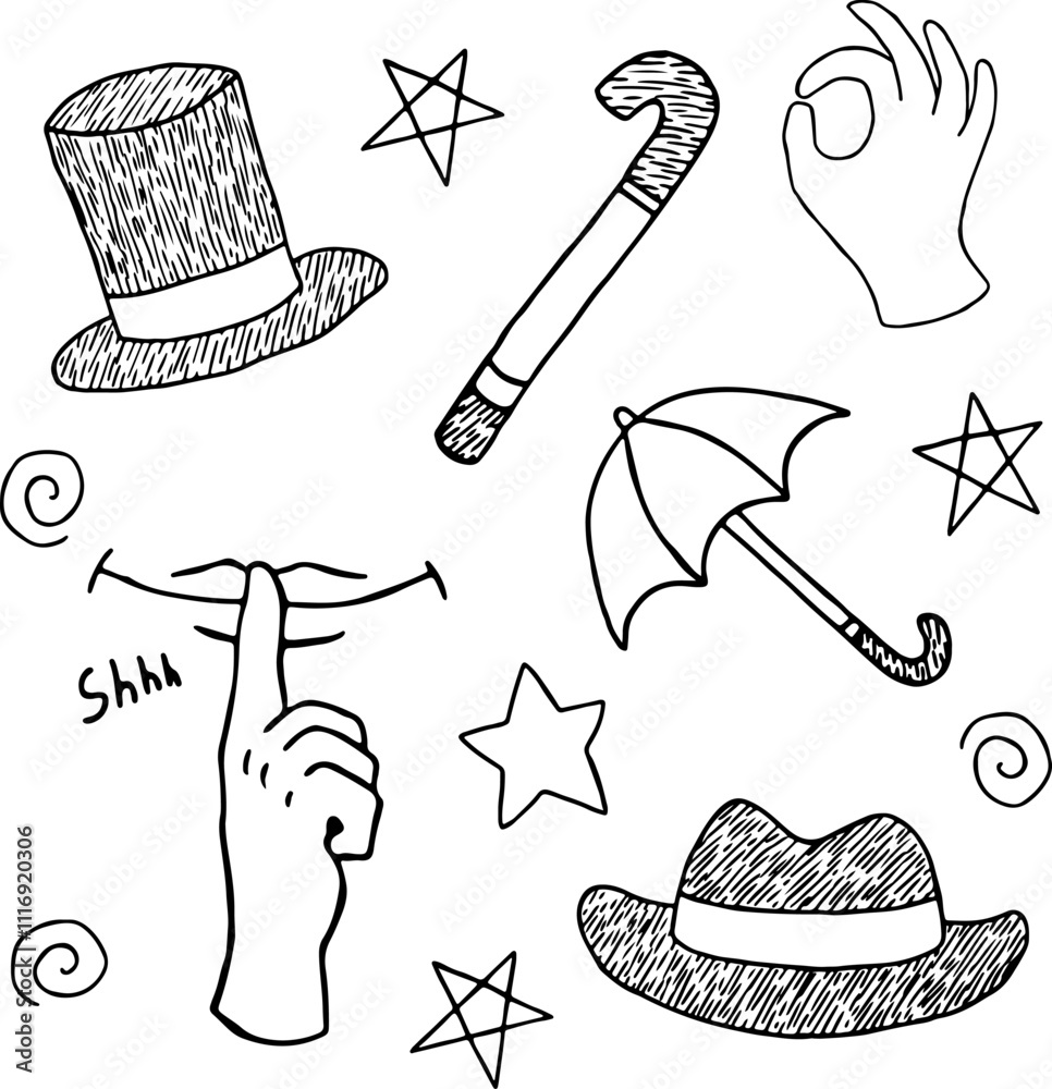 illuminati symbols, hat with fields, cane, hand showing three sixes, top hat, symbol of quiet ...