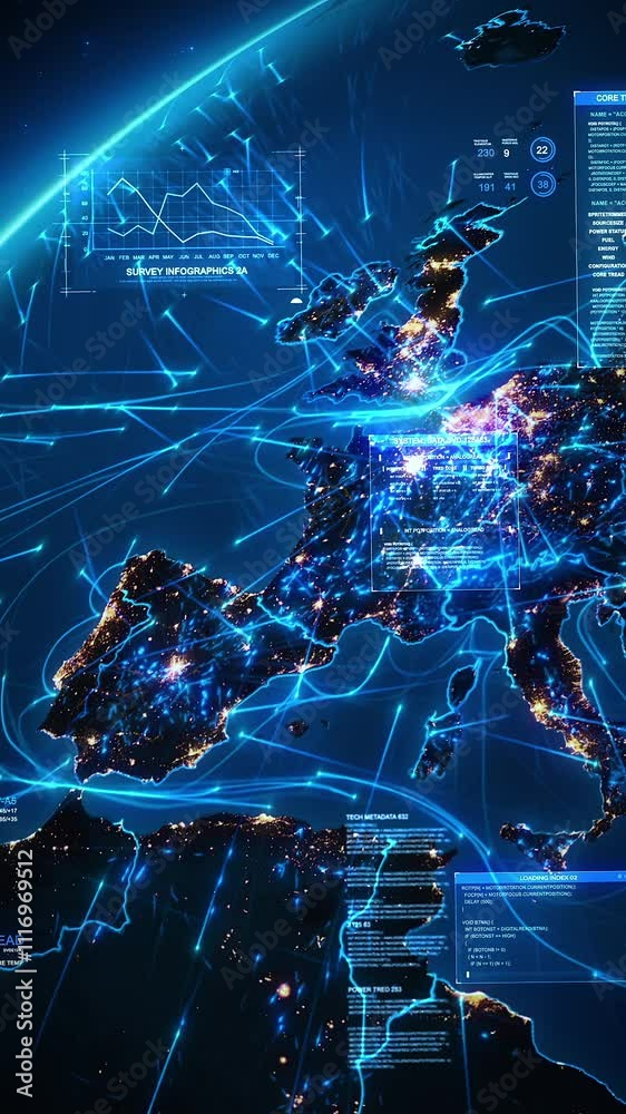 European map with bright connections and holographic charts forming a ...