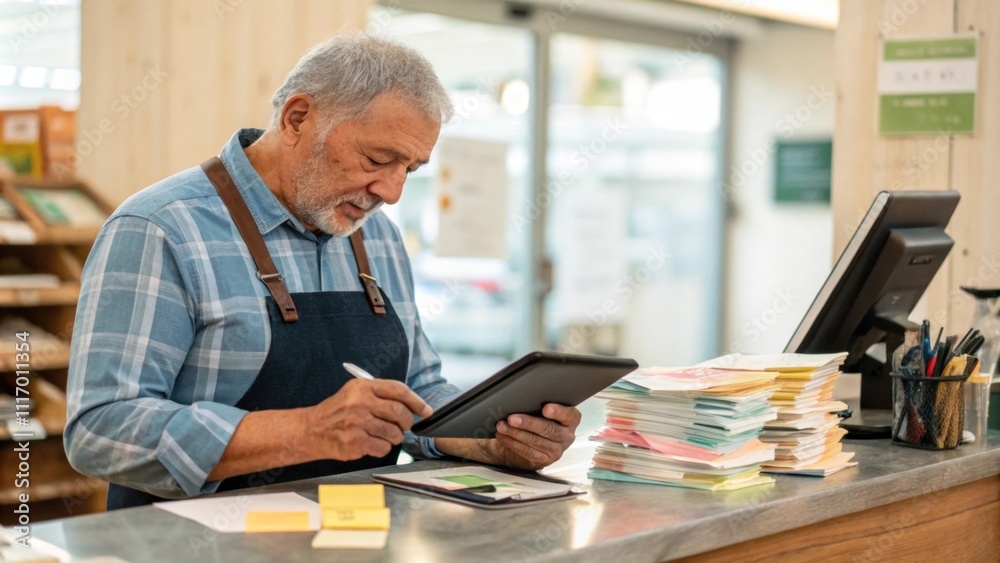 At the checkout counter a senior man is busy logging inventory using a ...