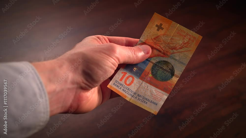 Close up dolly shot showing many different swiss franc banknotes - Cash ...