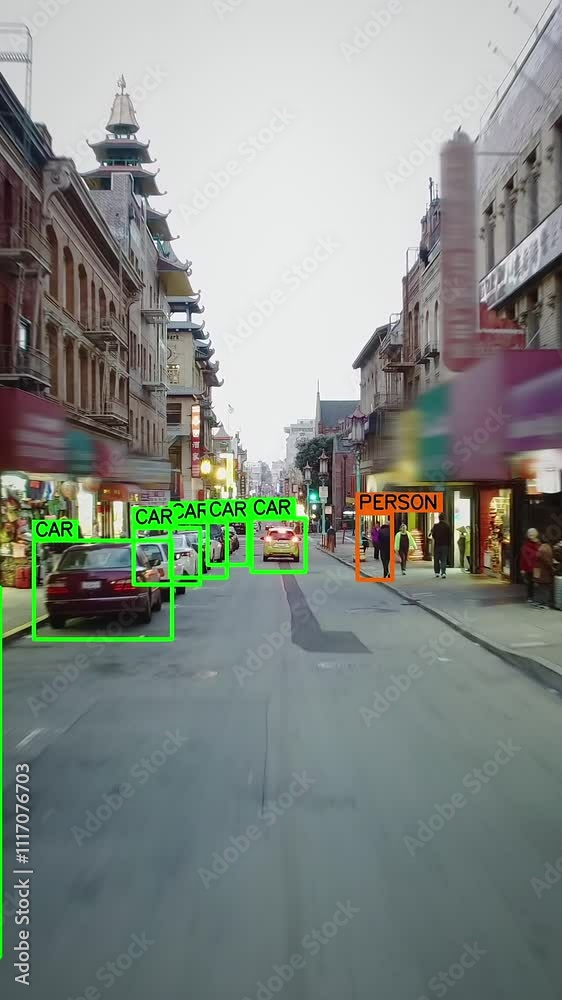 Autonomous car driving through a San Francisco Chinatown full of people ...