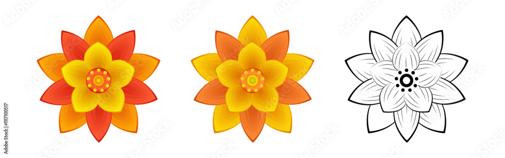 Vector illustration of flowers in color and outline set on transparent ...