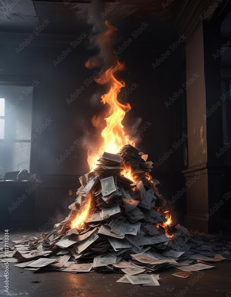 A burning pile of banknotes in the corner of a dark and abandoned ...
