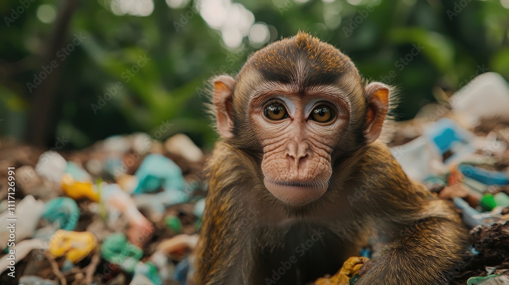 Animal pollution microplastics. Monkey surrounded by plastic waste in a ...