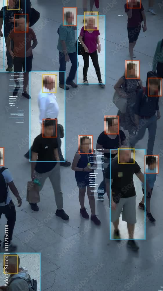 High view of commuters walking. Facial recognition interface showing ...