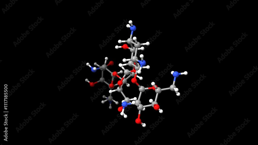 Structure of aminoglycoside antibiotic neomycin. Animated 3D ball-and ...