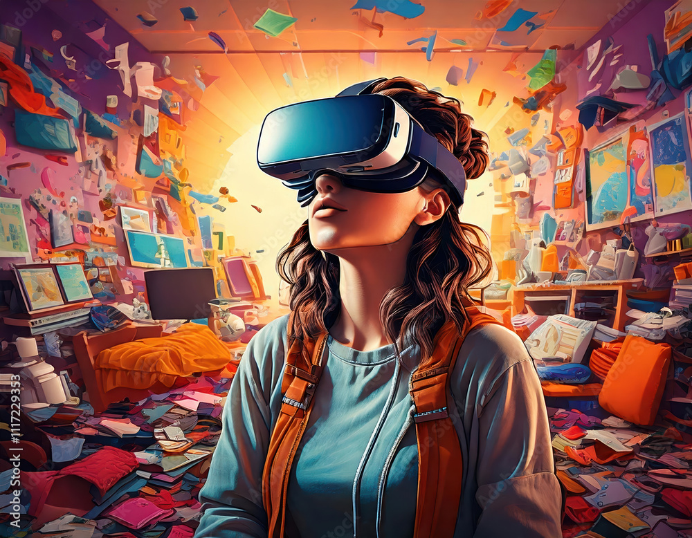 brain rot conceptual illustration A young woman in VR headset explores ...