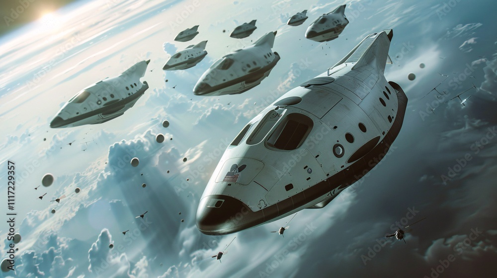 Futuristic alien spaceship formation launching a cosmic invasion ...