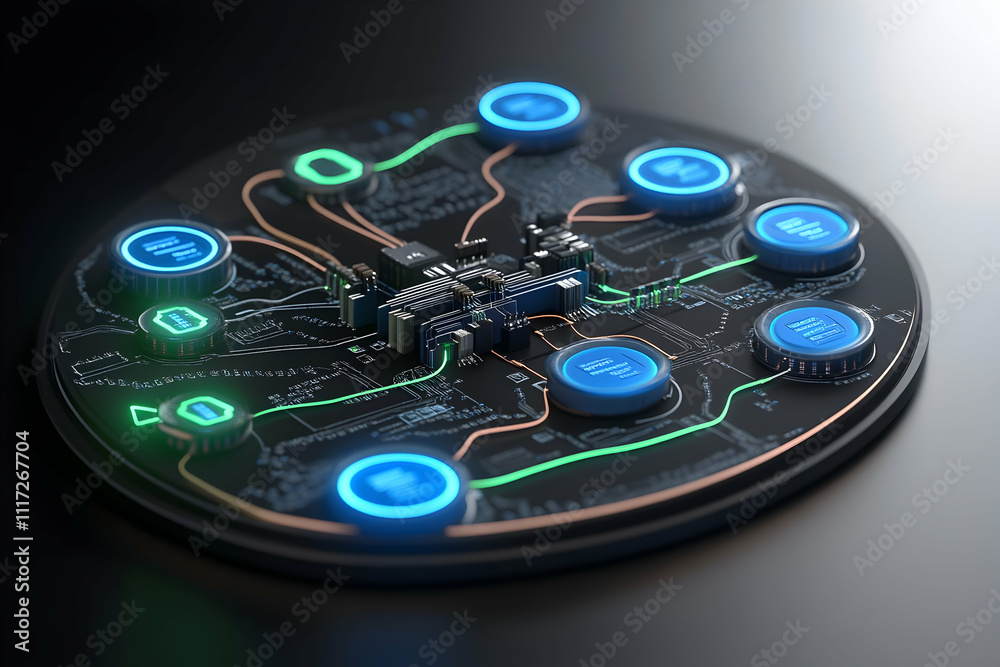 Futuristic circular circuit board with glowing nodes and connections ...