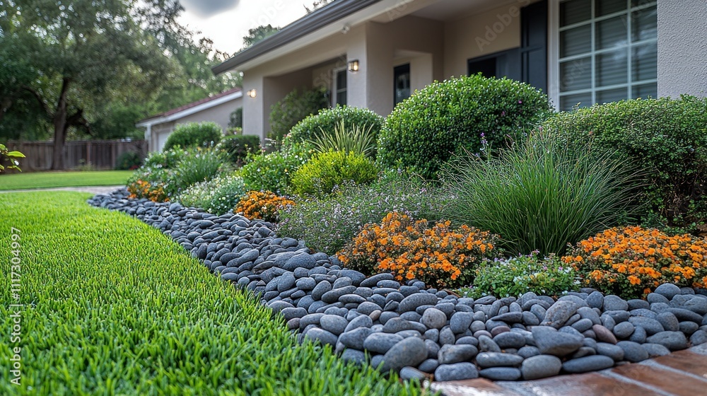 Lush landscape design featuring a river rock border, vibrant orange ...