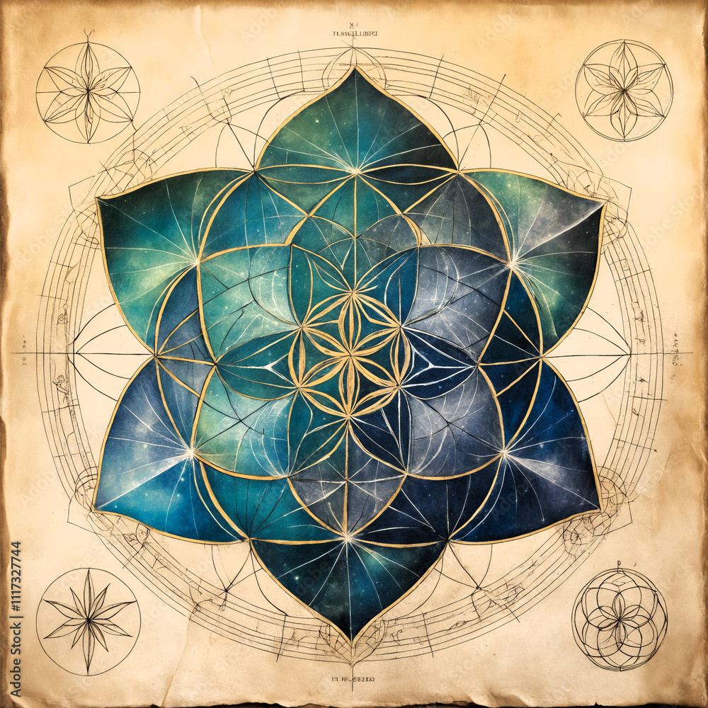 Sacred geometry art featuring the Seed of Life on aged paper Stock ...