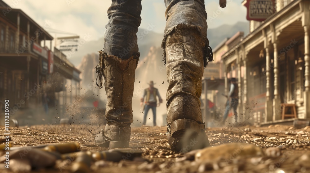 a Western gunfight at the moment when the duelists have just drawn ...