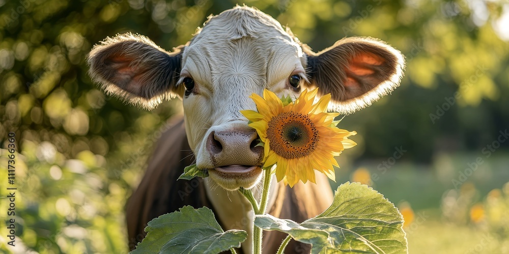 Cow holding sunflower in its mouth, showcasing the delightful imagery ...