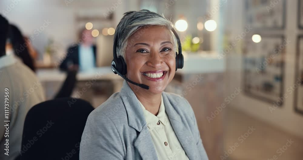 Woman, face and happy in call center for telemarketing, lead generation ...