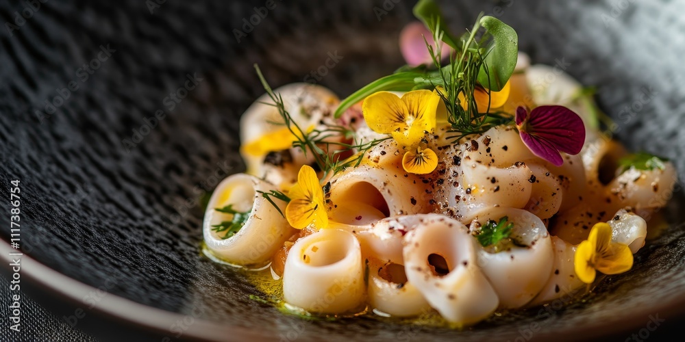 Delight in a unique dish featuring firefly squid paired with vibrant ...