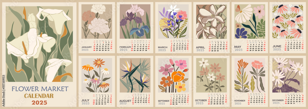 Floral calendar template for 2025 . Vertical design with Flower Market ...