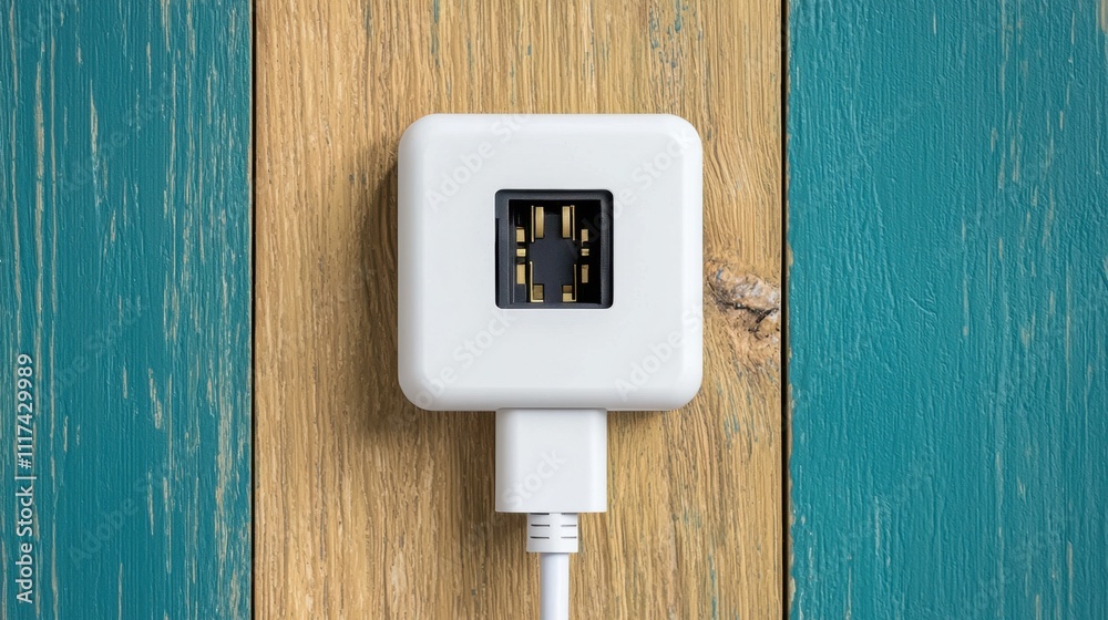 Electrical outlets plug and compact, A square white charger with a USB ...