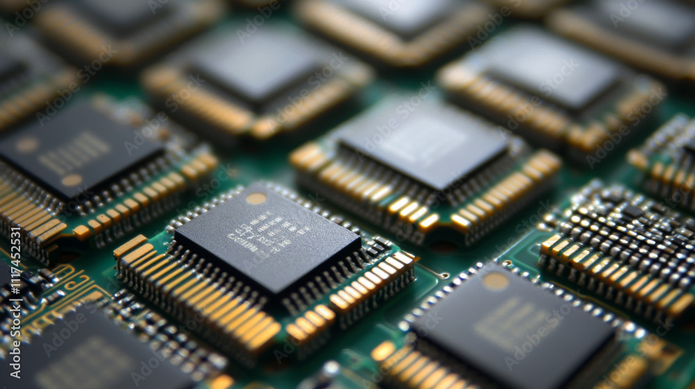 Computer chip. Microprocessor in digital hand on circuit board ...