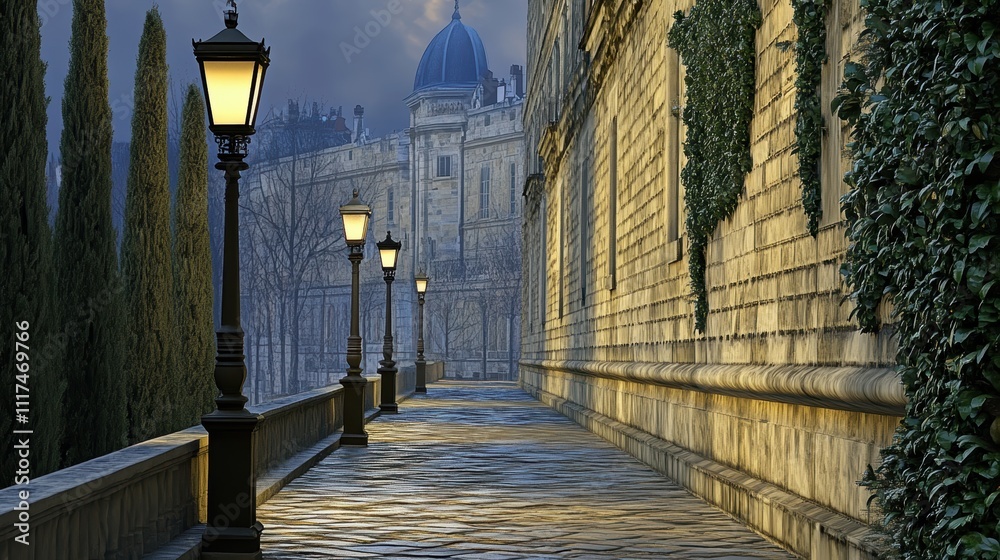 Misty, romantic European walkway at night with aged stone buildings and ...